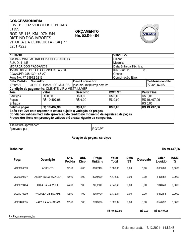 Orçamento de peças e serviços para conserto de veículo da ...