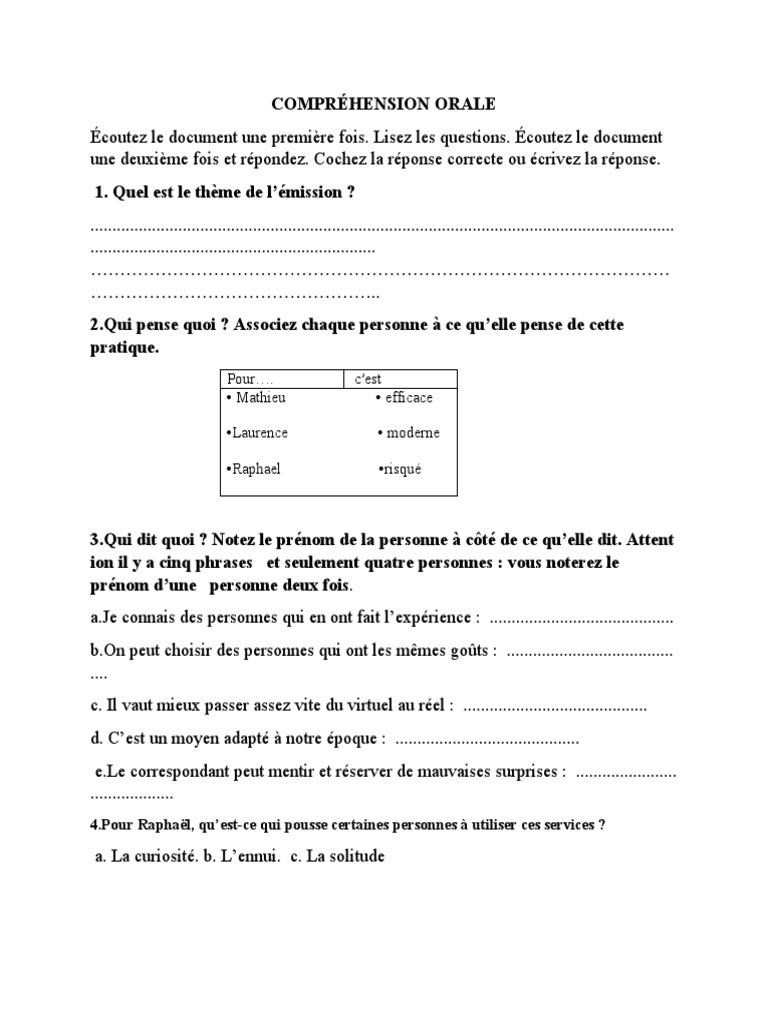 Exercices de Comprehension Orale | PDF