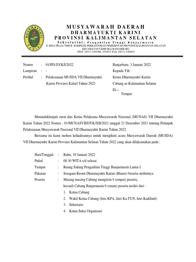 Undangan MUSDA VII Dharmayukti Kalsel | PDF