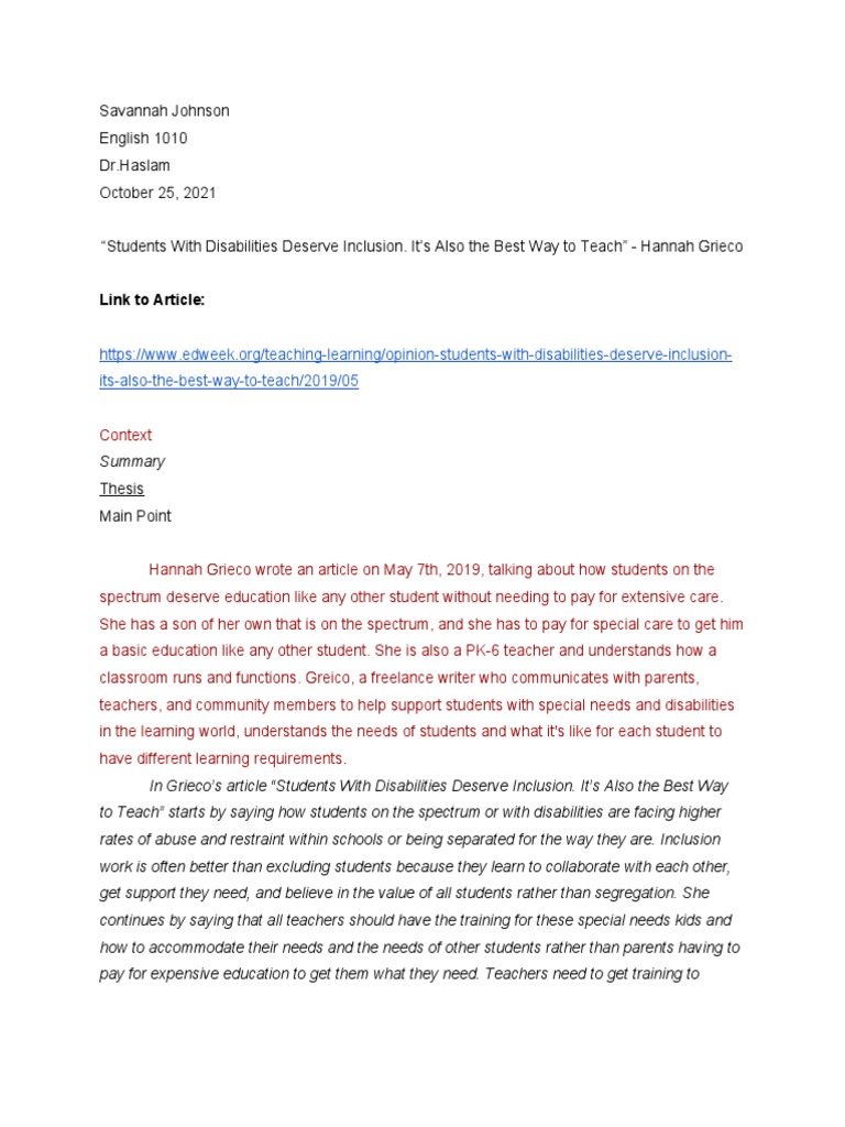 Rhetorical Analysis | PDF | Inclusion (Education) | Teachers