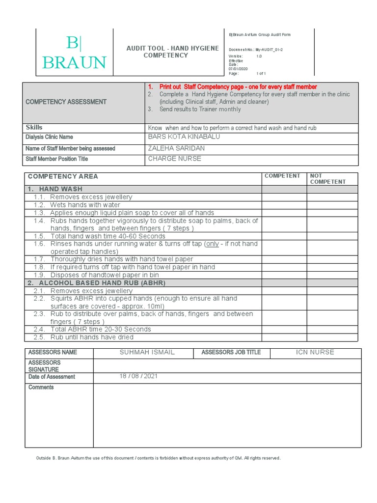 Hand Hygiene Competency Audit Form | PDF | Hand Washing | Health Sciences