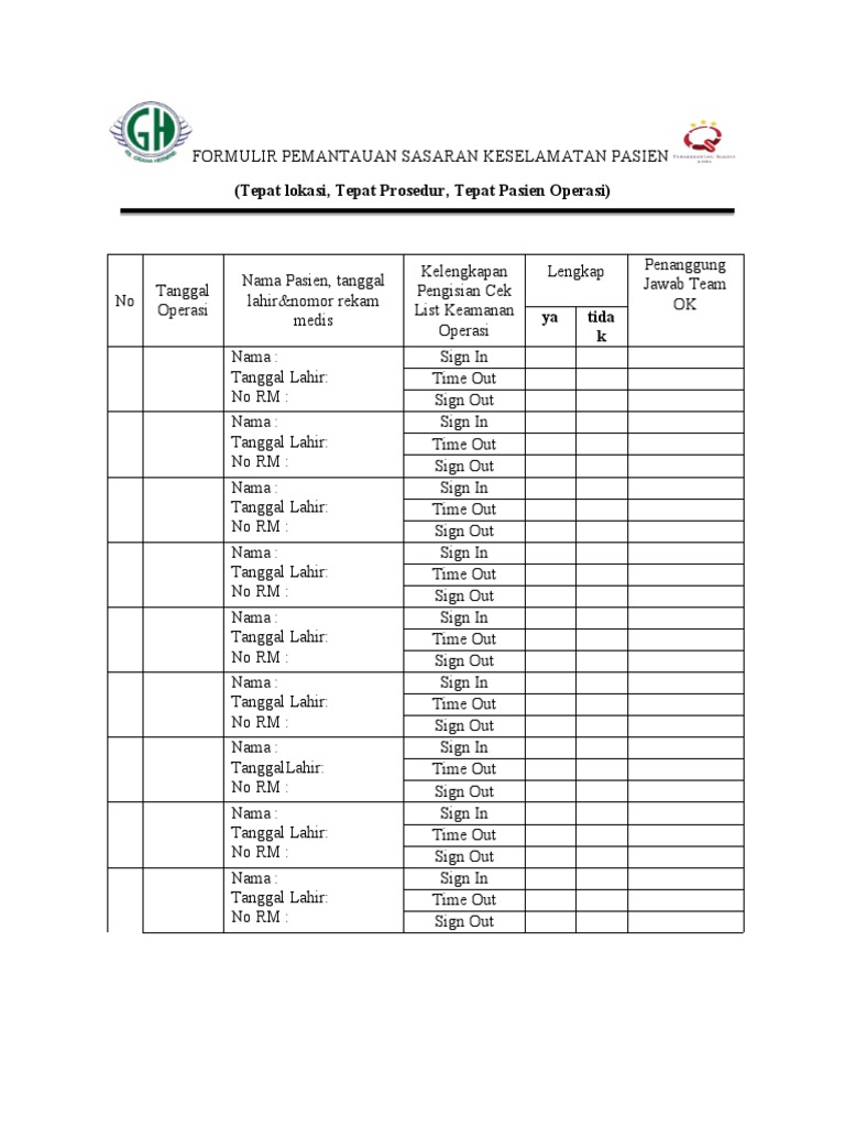 Formulir Time Out Operasi Pasien | PDF