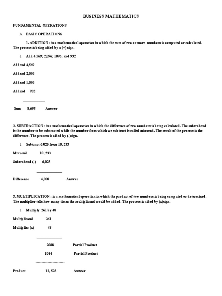 Business Mathematics Learning Kit | PDF | Subtraction | Percentage