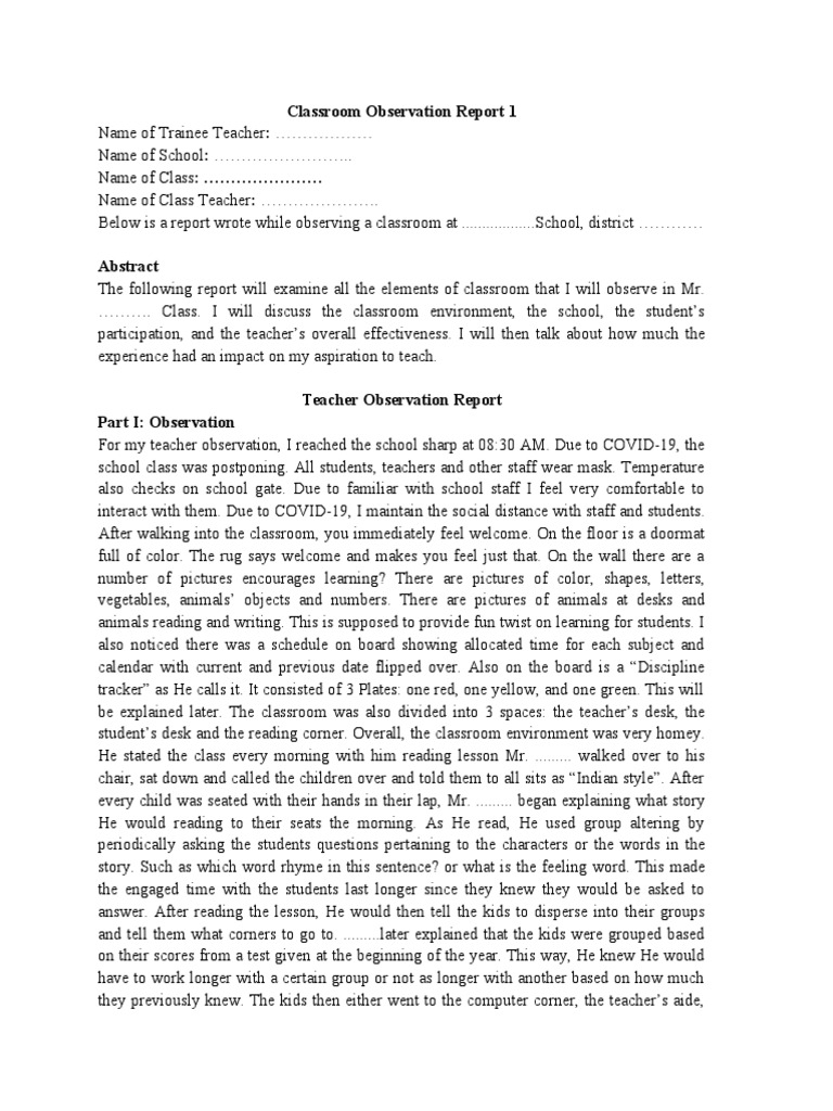 Classroom Observation Reports | PDF | Classroom | Teachers