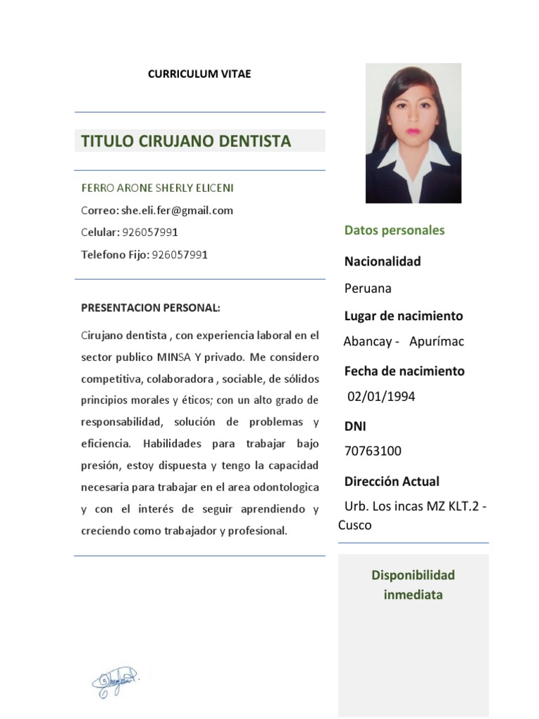 Odontologo-Sherly E.ferro Arone - CV | PDF | Odontología | Especialidades Medicas