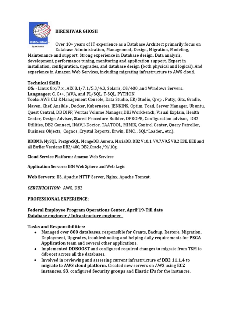 Resume of Bireshwar-Cloud Engineer | PDF | Databases | Amazon Web Services
