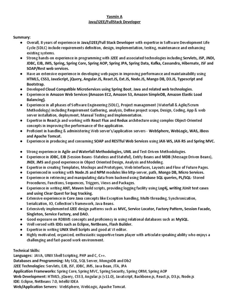 Full Stack Java Developer with Extensive Experience in Java/J2EE ...