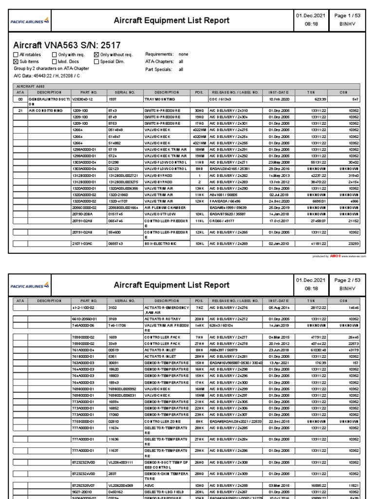 Aircraft Equipment List Report for Aircraft VNA563 S/N: 2517 | PDF ...