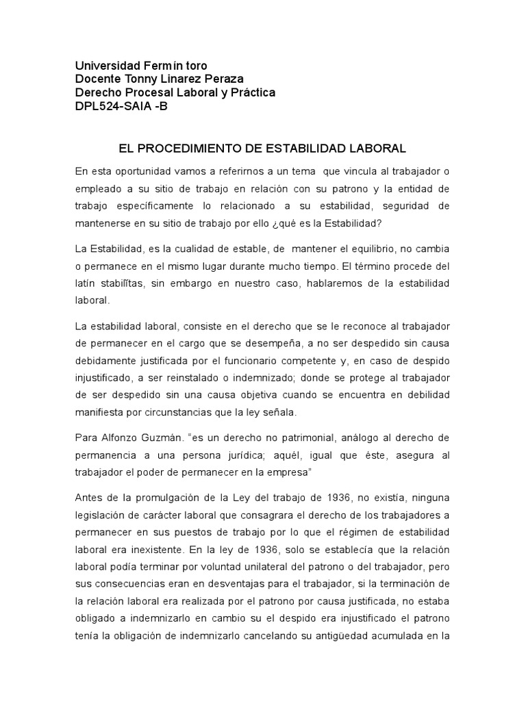 Estabilidad Laboral: Conceptos y Tipos | PDF | Derecho Constitucional ...