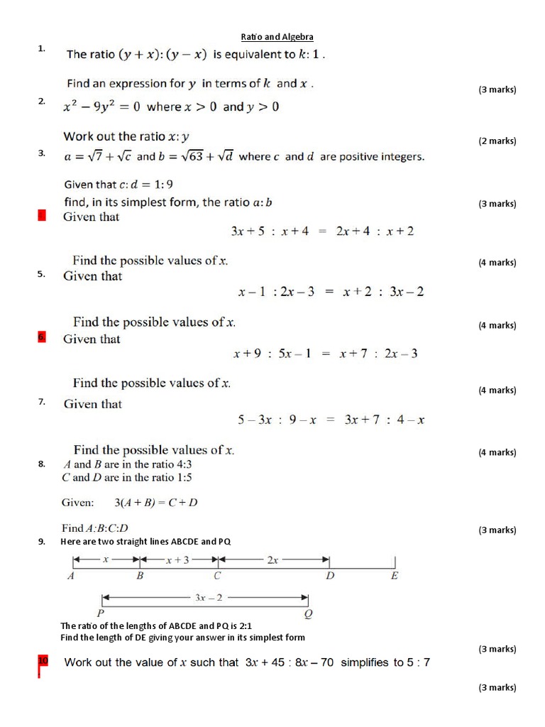 Ratio and Algebra Questions | PDF | Ratio | Mathematics