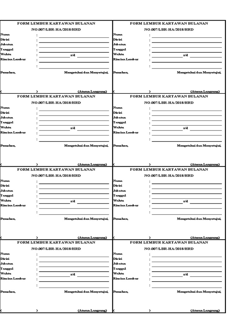 Form Lembur Karyawan Bulanan | PDF
