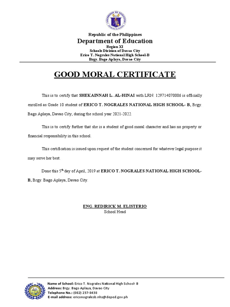 Good Moral Certificate for Shekainnah Al-Hinai | PDF