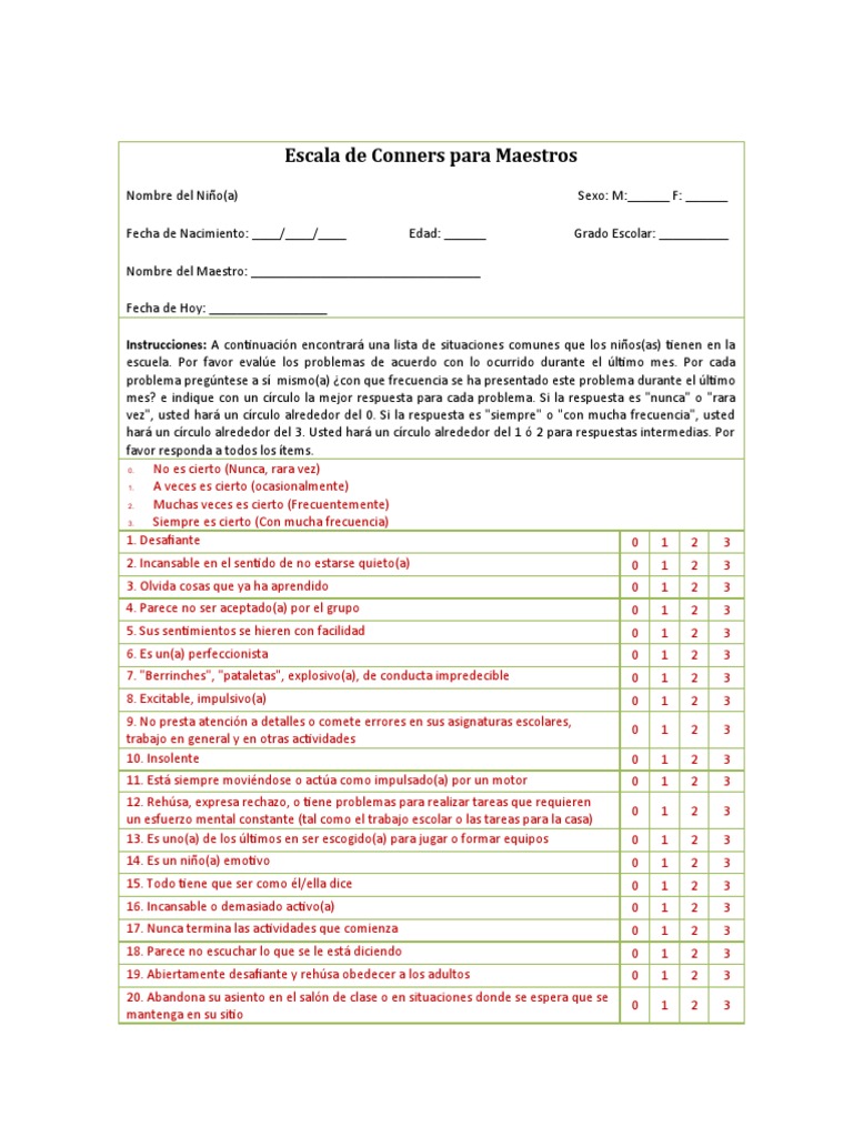Escala de Conners para Maestros | PDF