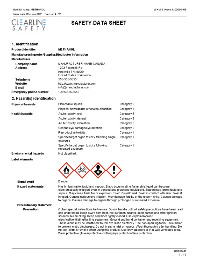 Methanol Safety Data Sheet Overview | PDF | Dangerous Goods | Toxicity