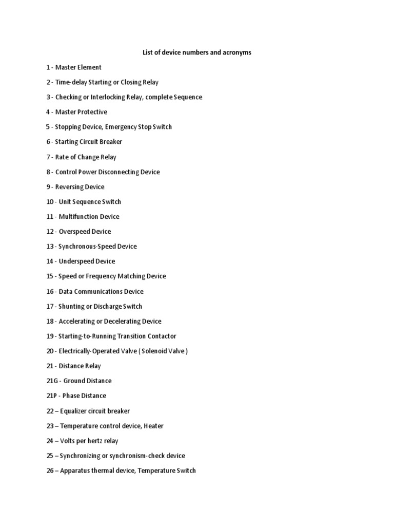 List of Device Numbers and Acronyms | PDF | Relay | Alternating Current