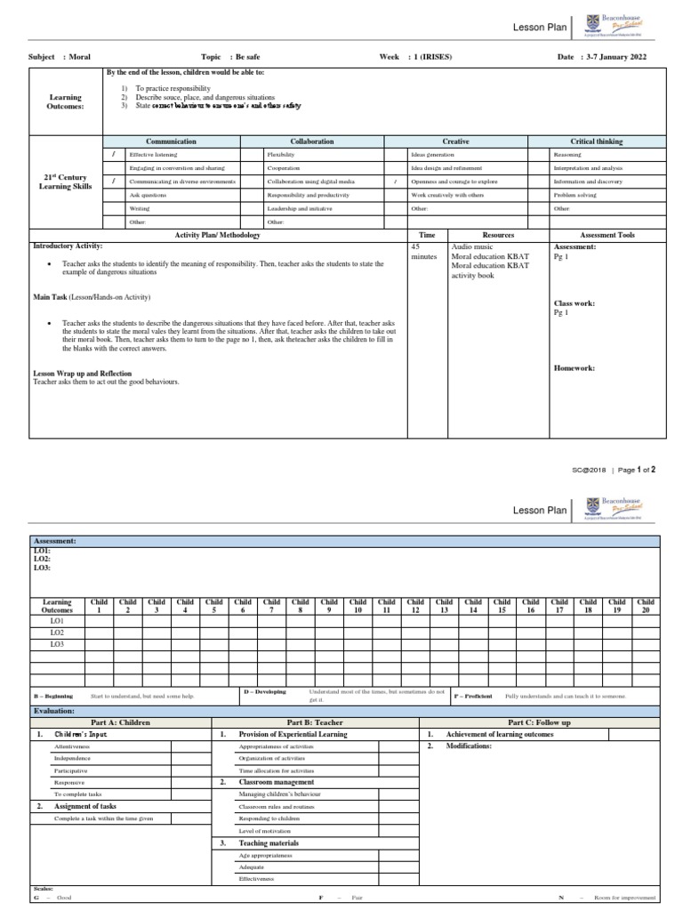 Lesson Plan: Subject: Moral Topic: Be Safe Week: 1 (IRISES) Date: 3-7 ...