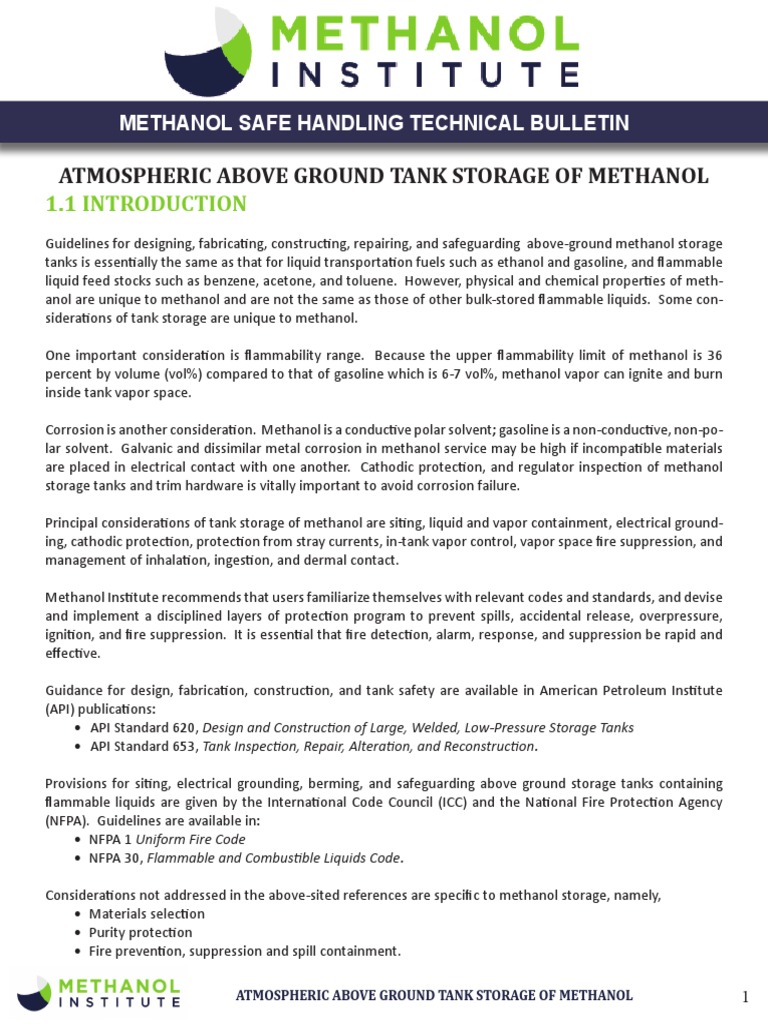 Atmospheric Above Ground Tank Storage of Methanol: Methanol Safe Handling Technical Bulletin ...