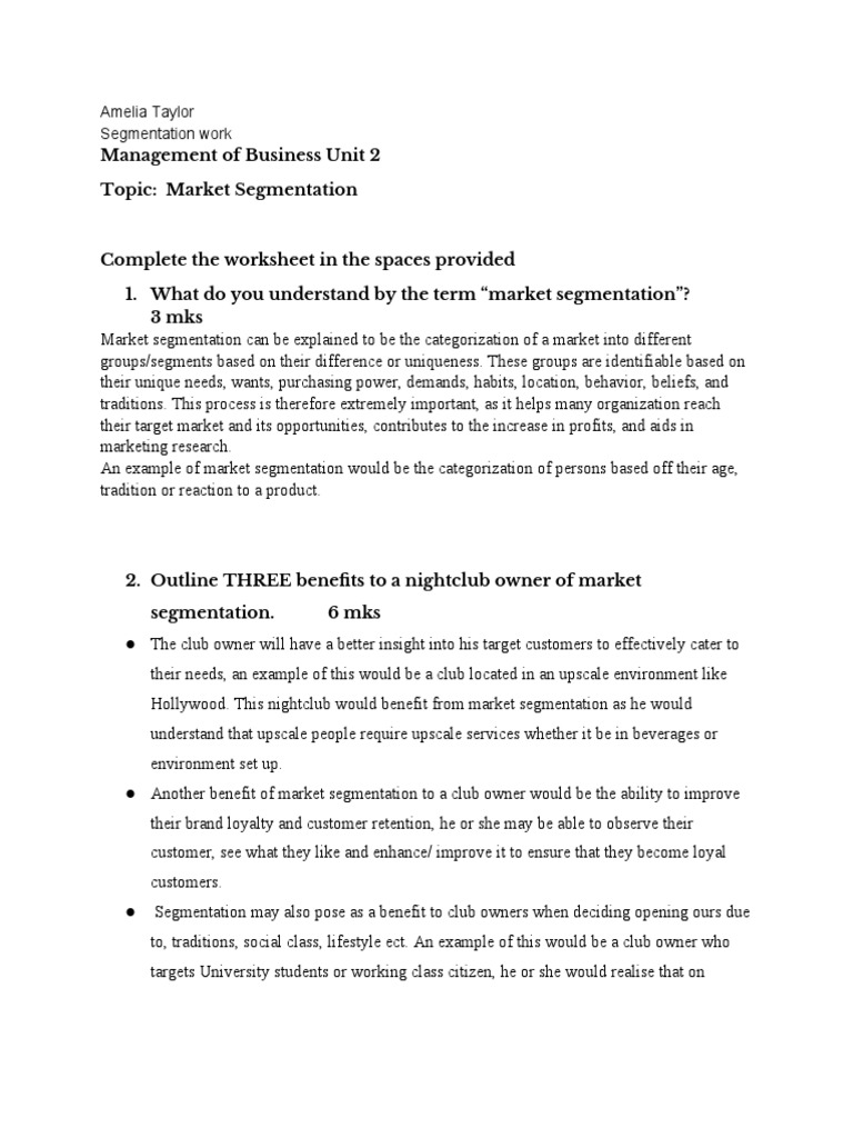 Market Segmentation Worksheet | PDF | Market Segmentation | Economies