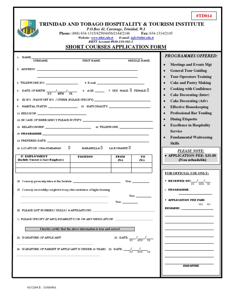Short Courses Application Form TTHTI | PDF