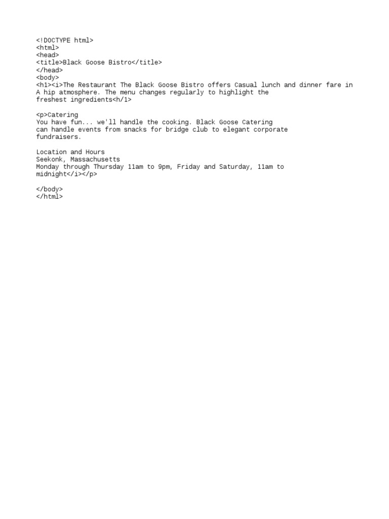 Black Goose Bistro Overview and Hours | PDF