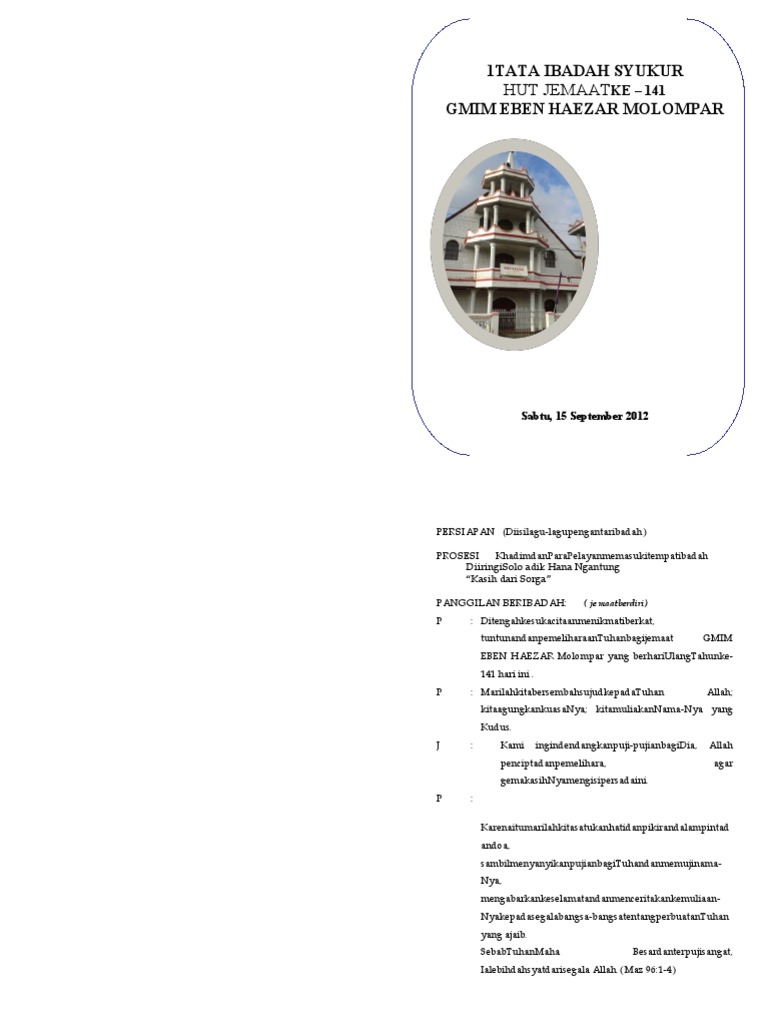 Tata Ibadah Syukur Hut Jemaat Gmim Molompar Ke 141 Jehmo | PDF
