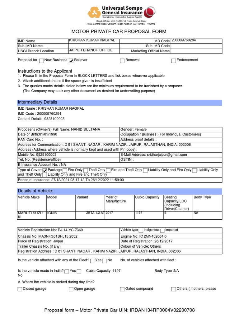 Motor Private Car Proposal Form: Instructions To The Applicant | PDF ...