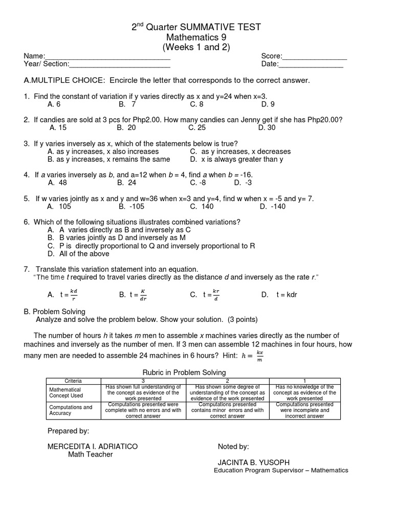 Math9 - Q2 Summative Test 1 | PDF | Mathematics | Multiple Choice