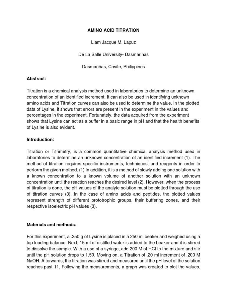 Amino Acid Titration. Sci Paper | PDF | Titration | Chemistry