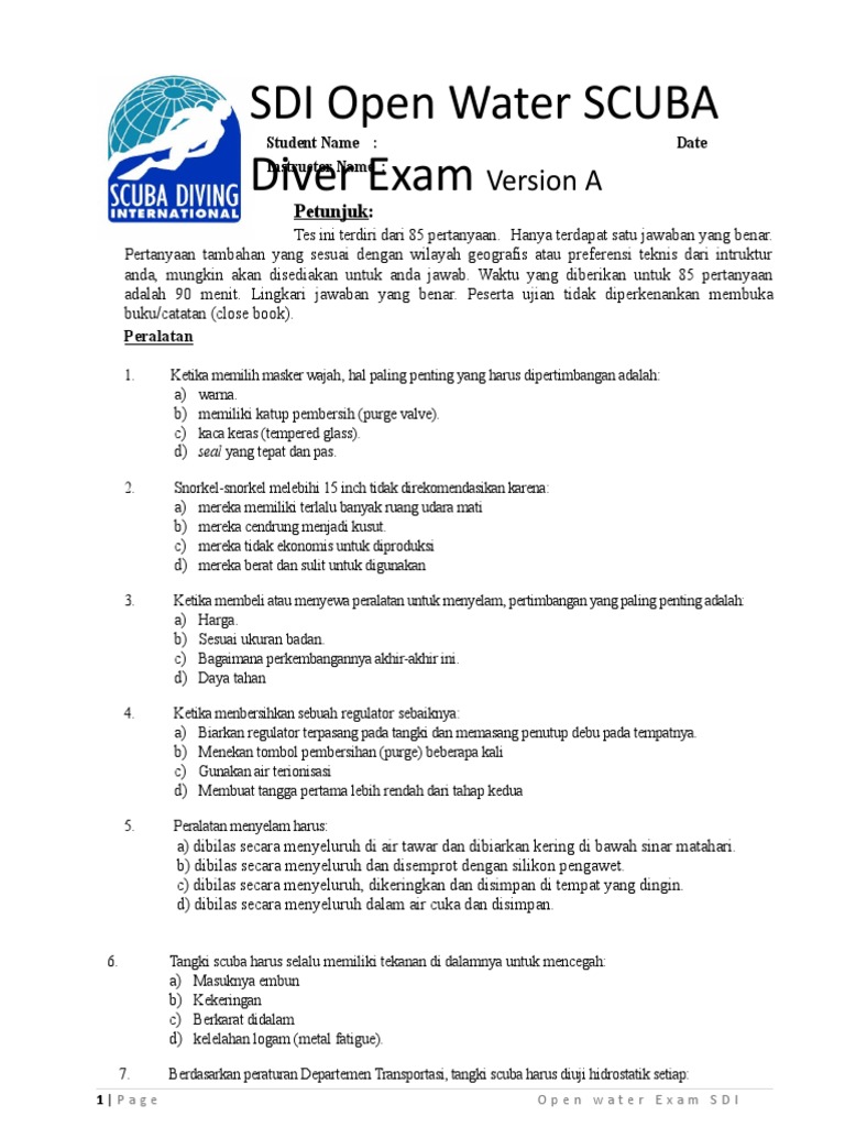 SDI Scuba Diver Exam A (57123) | PDF