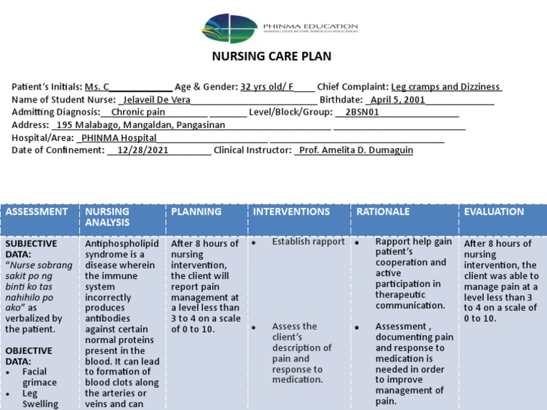 Nursing Care Plan: Assessment Nursing Analysis Planning Interventions ...