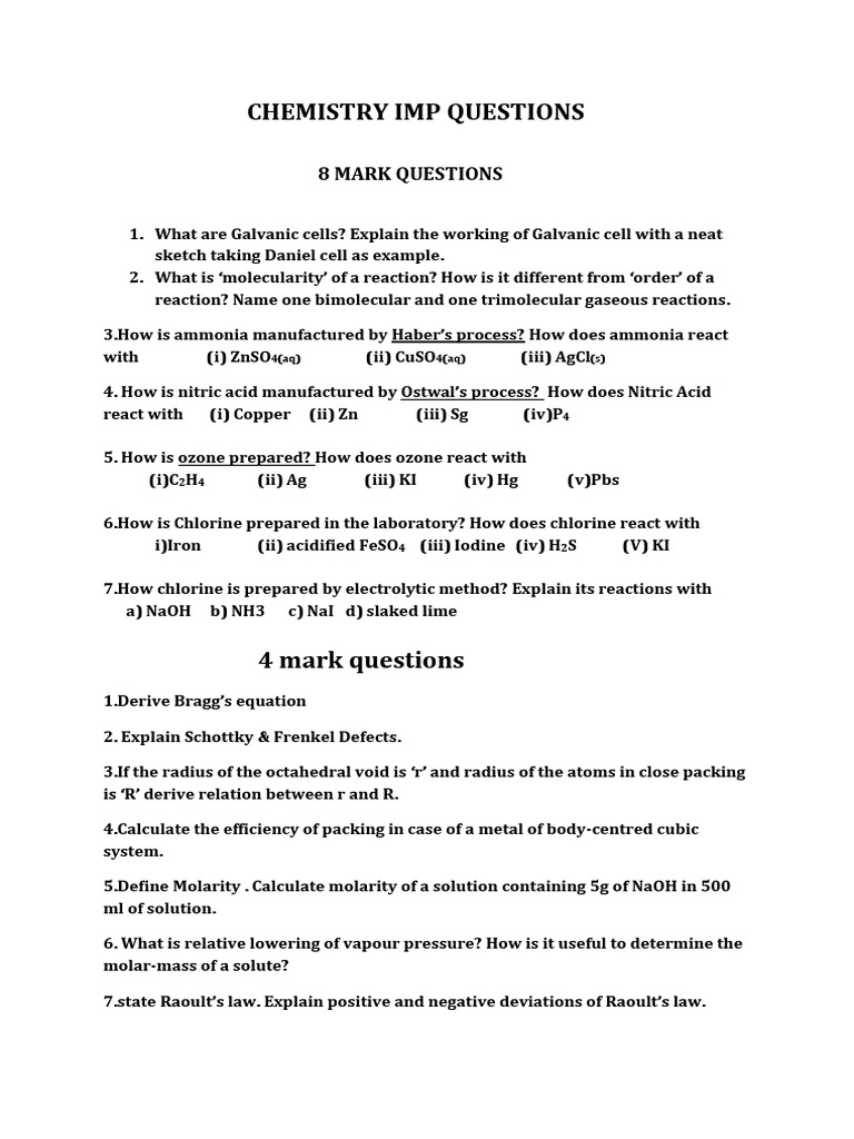 Chemistry Imp Questions | PDF | Adsorption | Chemical Reactions