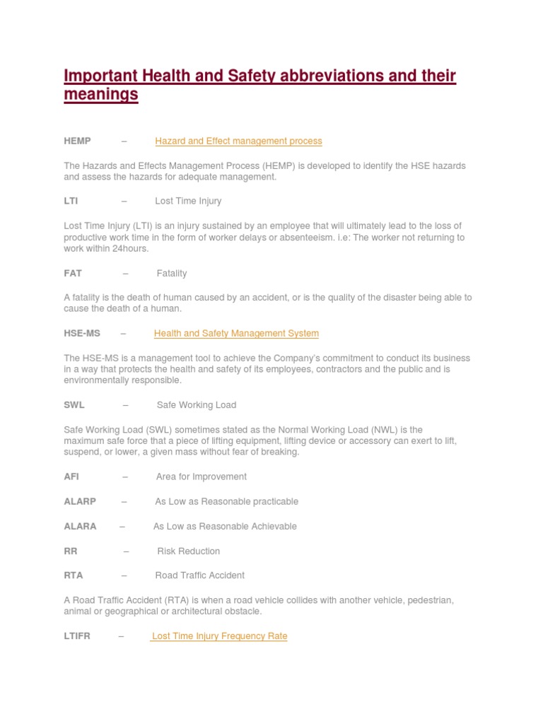 Important Health and Safety Abbreviations and Thier Maning | PDF ...