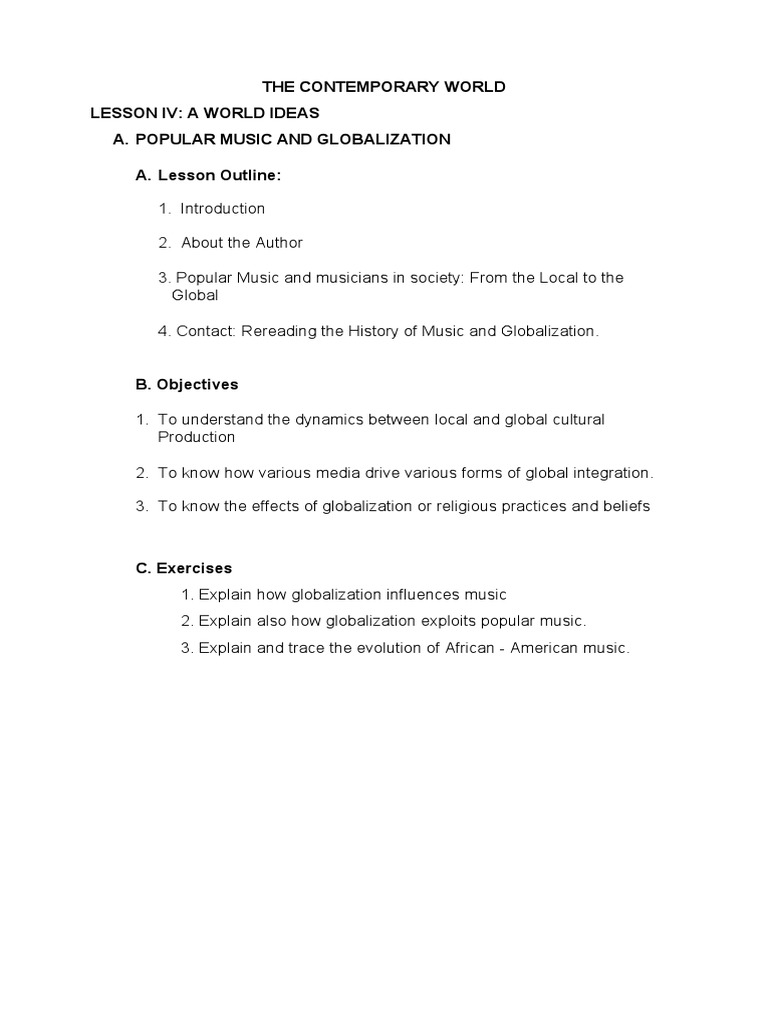 The Contemporary World Lesson Iv: A World Ideas A. Popular Music and ...