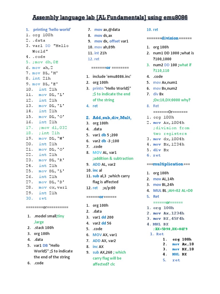 Assembly Language Lab (AL Fundamentals) Using Emu8086: DD Mov Int 12 ...