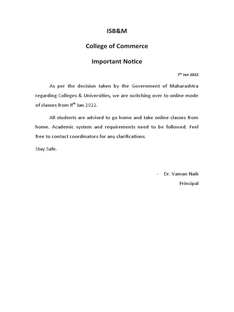 Notice - Switch To Online Classes For Students | PDF