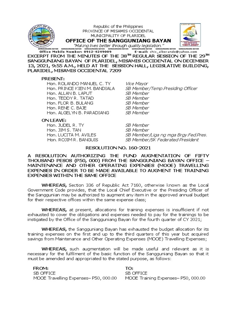 Draft Resolution No. 160-2021 - Augmentation of Funds | PDF | Policy ...