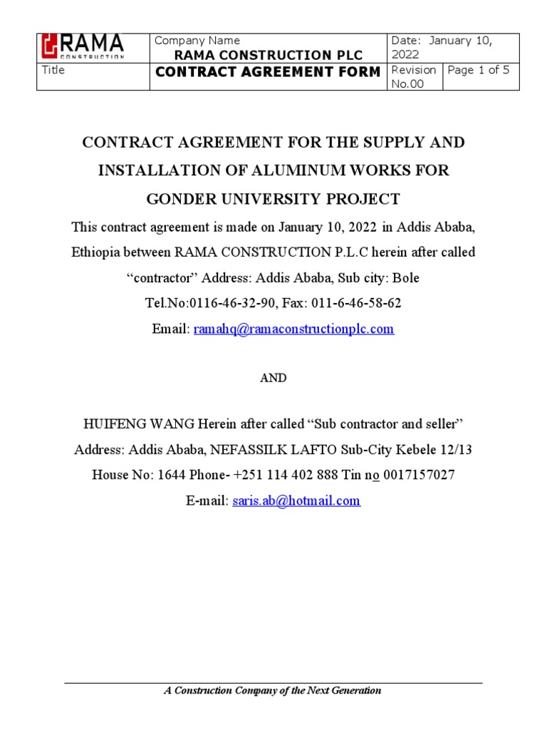 Contract Agreement For The Supply and Installation of Aluminum Works ...