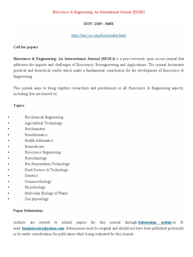 Bioscience & Engineering: An International Journal (BIOEJ) | PDF ...