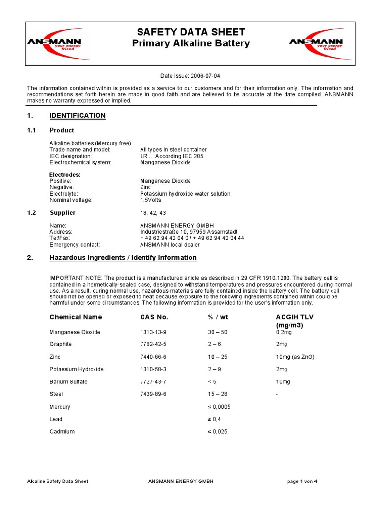 Safety Data Sheet Primary Alkaline Battery: 1. Identification | PDF ...