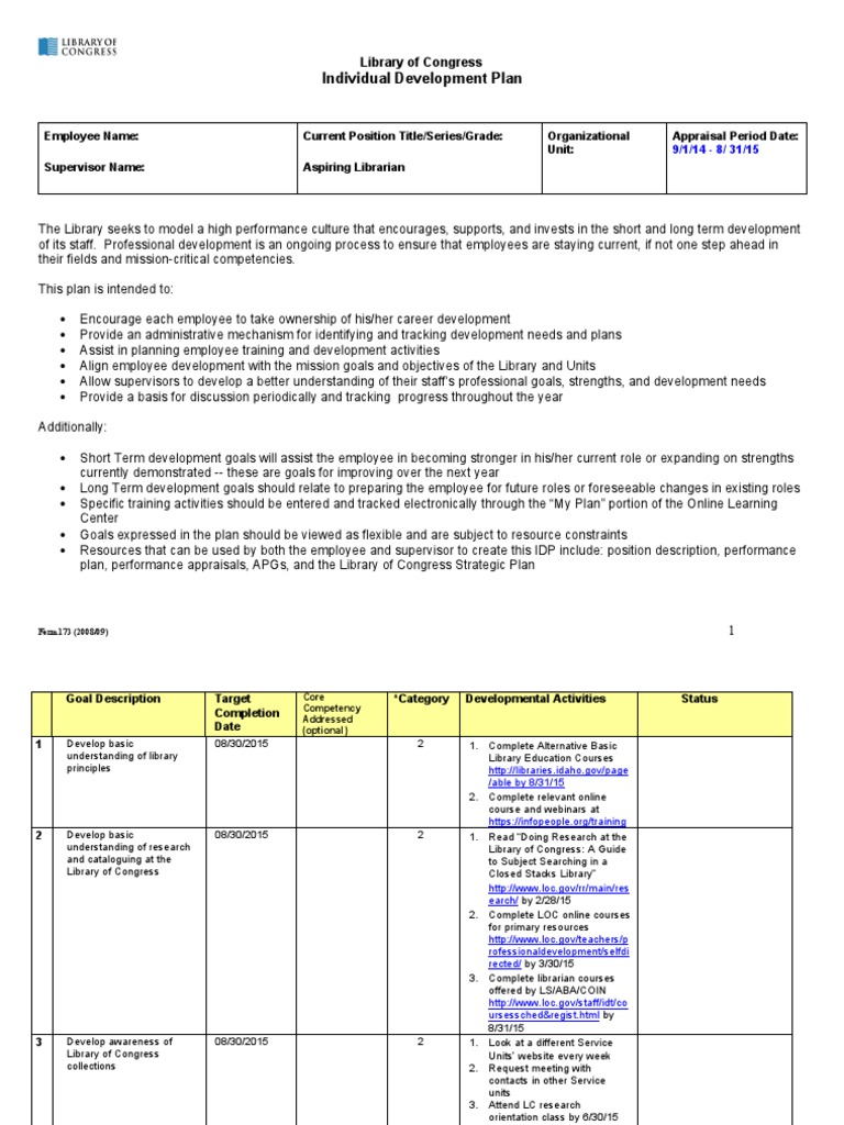 Individual Development Plan: Library of Congress | PDF | Libraries | Goal