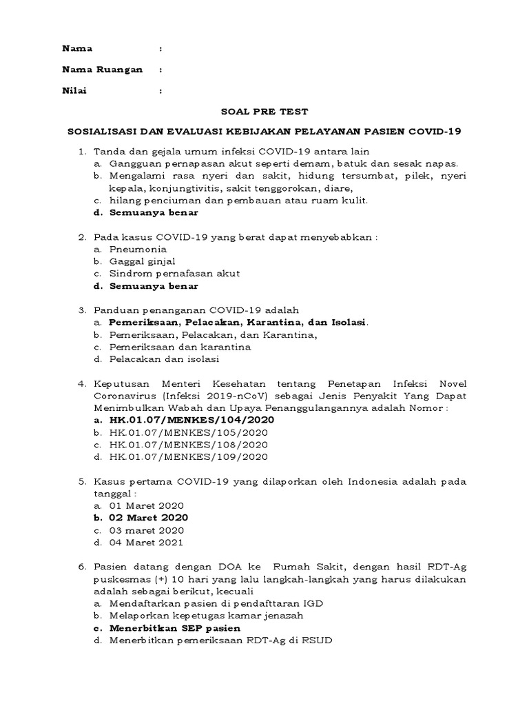 Soal Pre Test Sosialisasi Covid | PDF
