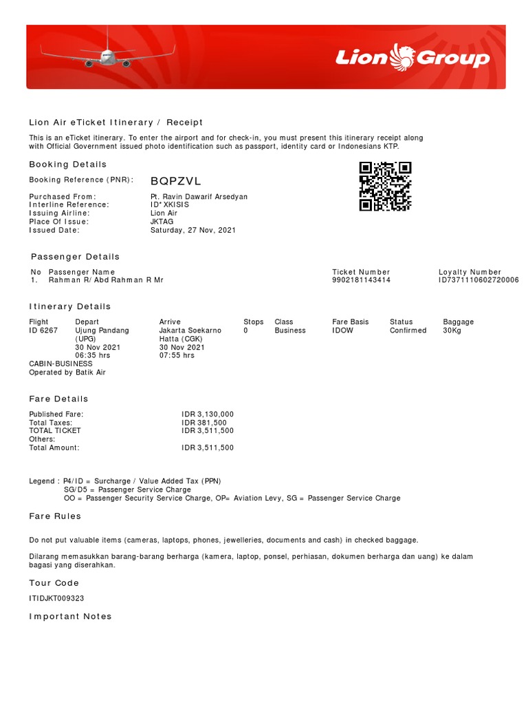 Eticket - BQPZVL - 30 NOV UPG CGK - 1 PAX | PDF