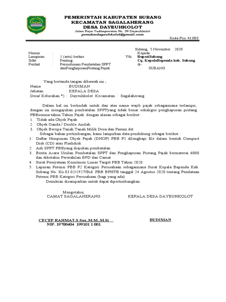 Cont Surat Permohonan Pembatalan SPPT Dan Penghapusan Piutang PBB | PDF Cont Surat Permohonan Pembatalan SPPT Dan Penghapusan Piutang PBB | PDF