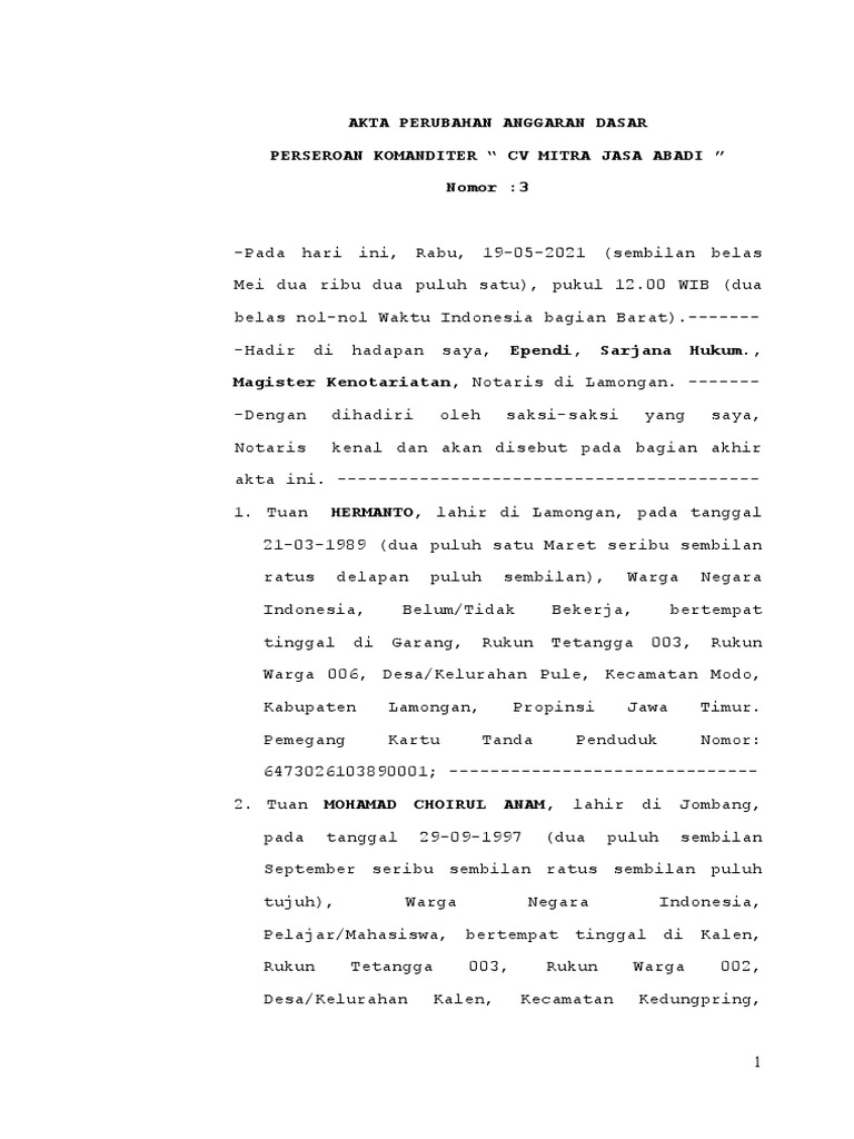 Akta Perubahan CV Mitra Jasa Abadi | PDF