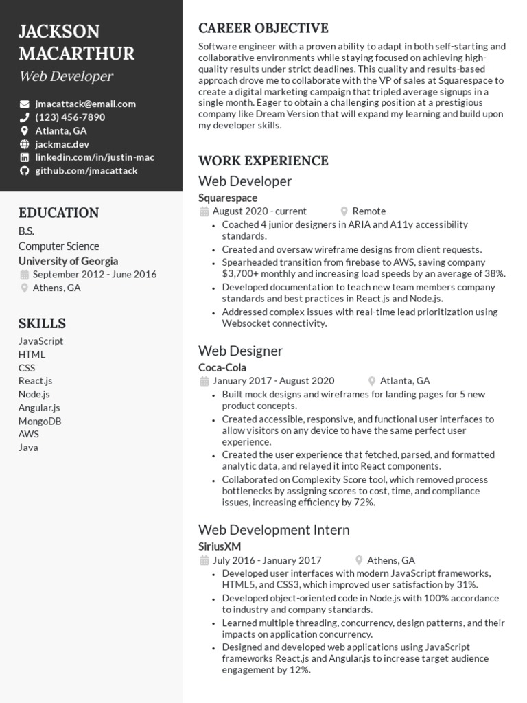 Web Developer Resume Example | PDF | World Wide Web | Internet & Web