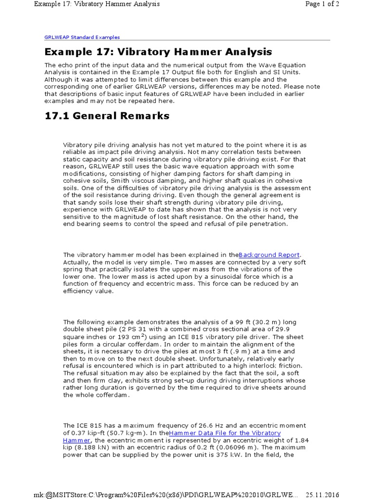 Example 17: Vibratory Hammer Analysis: GRLWEAP Standard Examples ...
