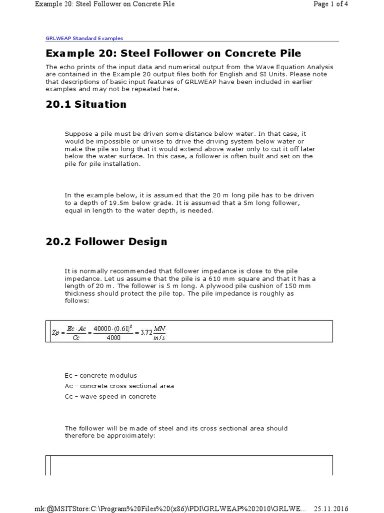 Example 20: Steel Follower On Concrete Pile: GRLWEAP Standard Examples ...