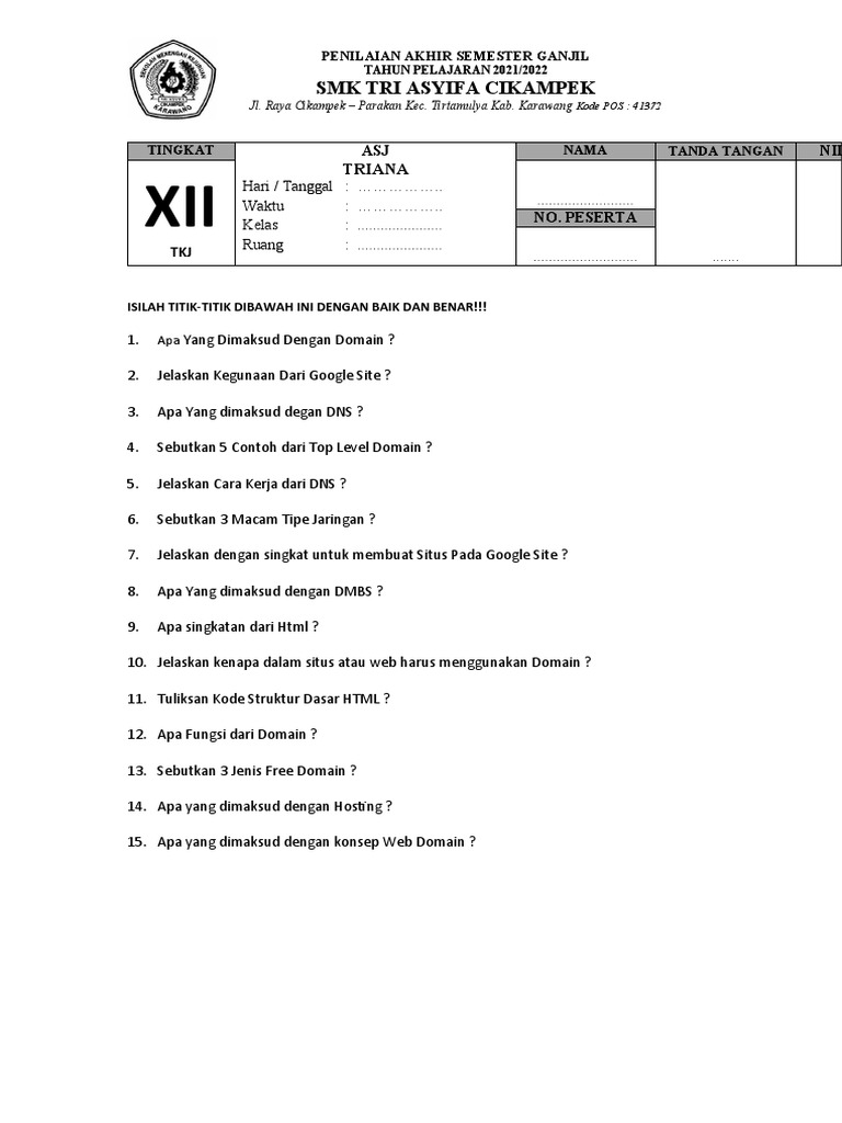 ASJ Kelas XII TKJ Ganjil | PDF