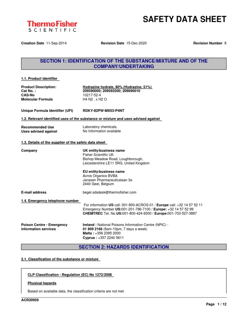 MSDS Hydrazine Hydrate 80 | PDF | Dangerous Goods | Toxicity