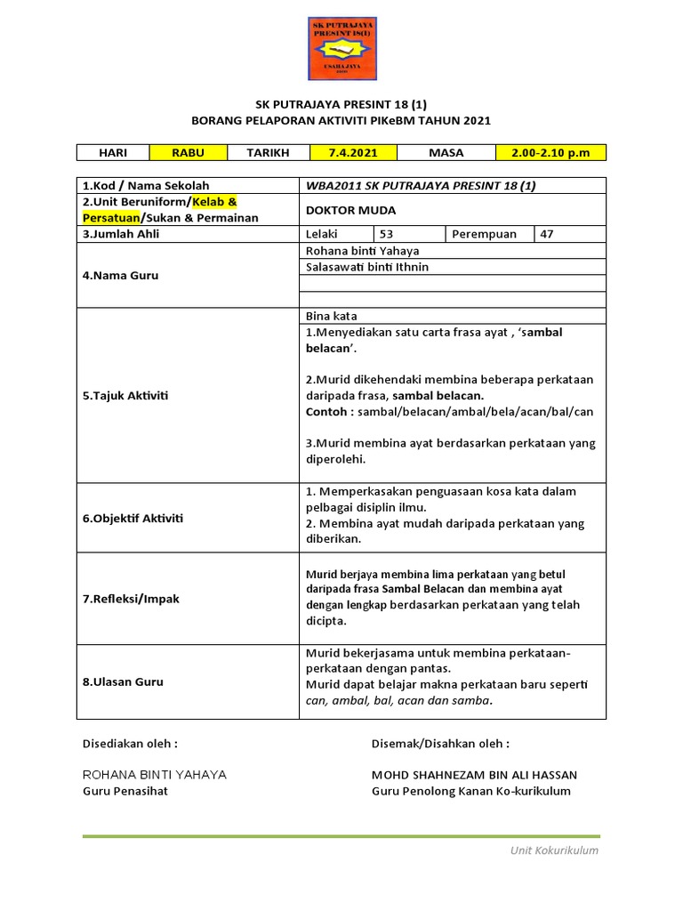 Pelaporan PIKeBM Kelab Dr. Muda SKPP18 | PDF